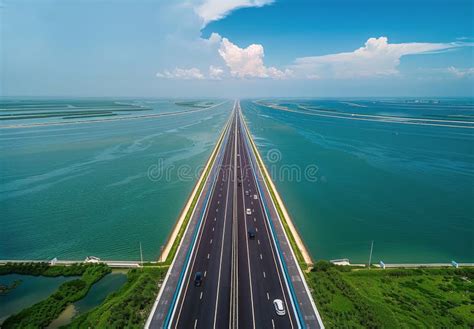 Aerial View Of A Bridge Crossing The Ocean With A Whirl Of Water Stock