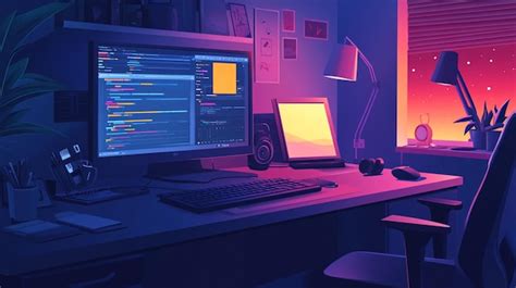 Cozy Workspace At Dusk Featuring Dual Monitors Programming Code And