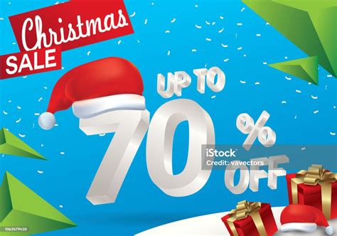 크리스마스 판매 70 겨울 모자 산타 클로스 배너와 눈 3d 아이스 텍스트 판매 배경 새 해 판매입니다 벡터 일러스트 레이 션 3차원 형태에 대한 스톡 벡터 아트 및 기타
