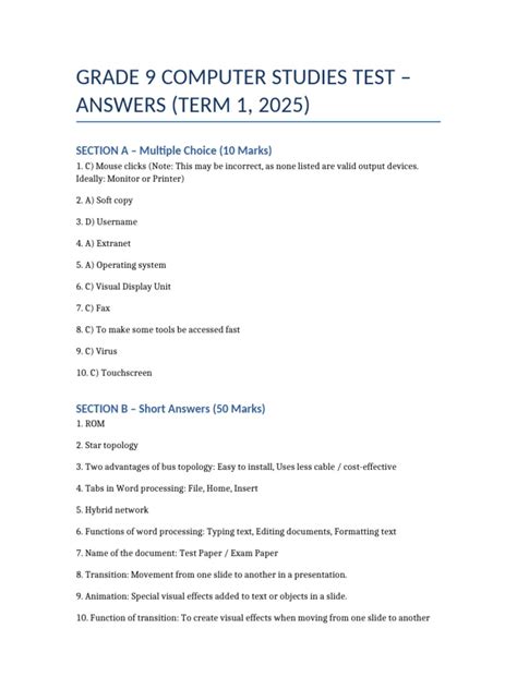 Grade 9 Computer Studies Test Answers Pdf