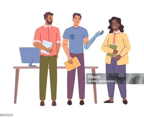 장애인들의 비즈니스 미팅 및 팀워크 다양한 민족 및 문화 그룹의 벡터 캐릭터가 작동합니다 사무실에서 포용적인 동료 계획 워크플로우 및 시간 관리 가공의 인물에 대한 스톡