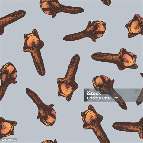 벡터 일러스트 블루 배경에 손으로 그린 정향과 원활한 패턴 정향 씨앗 향신료 요리 패턴 부엌 또는 패키지 디자인을위한 허브 재료