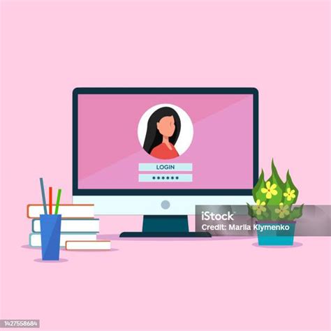 온라인 작업 그림 원격 액세스 사이트 입구의 여성 아바타 모니터 및 작업 공간 경영자에 대한 스톡 벡터 아트 및 기타 이미지