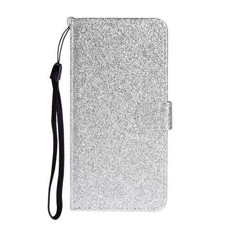 화웨이 P 스마트 2020 반짝이 파우더 수평 플립 가죽 케이스 카드 슬롯 및 홀더 및 사진 프레임 및 지갑 및 끈 실버