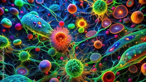 Colorful Microscopic Image Of Microbial Cells And Tissue Fibers Illuminated Under Fluorescence