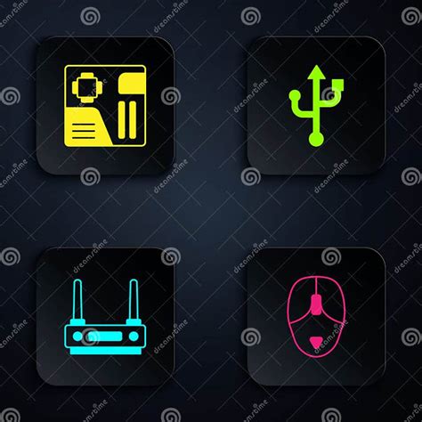 Set Computer Mouse Motherboard Digital Chip Router And Wi Fi Signal And Usb Black Square