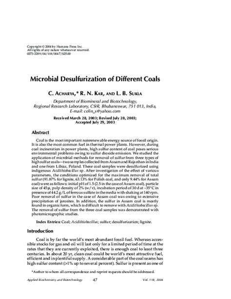 Pdf Microbial Desulfurization Of Different Coals Prof Lala Behari