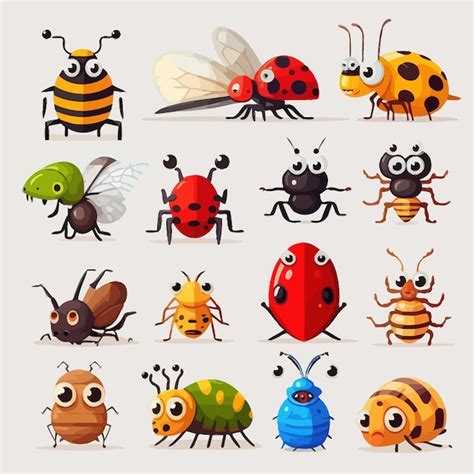 귀여운 곤충 캐릭터 개미 꿀벌 거미 메뚜기 무당 벌레 벌레와 배경 벡터 일러스트 레이 션에 고립 된 달팽이 프리미엄 벡터