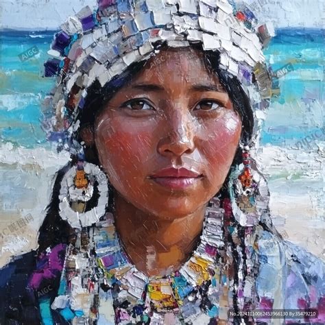 Ai创作图印第安人物油画 少数民族涂鸦油画 丙烯画人物 手绘门巴族少女 印第安少女装饰画 油画质地手绘人物 布朗族少女 印第安画风 布朗族女孩 无框画少数民族女孩 少数民族绘画 丙烯肖像画