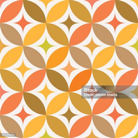 중반 세기 현대 원자 별은 주황색 갈색 및 호박색으로 원형 잎의 원활한 패턴에 폭발합니다 1970 1979 년에 대한 스톡 벡터