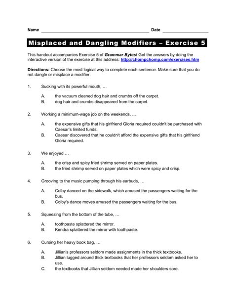 Dangling And Misplaced Modifiers Exercises Free Worksheets Printable