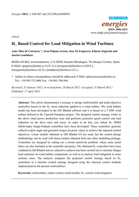 Pdf H∞ Based Control For Load Mitigation In Wind Turbines