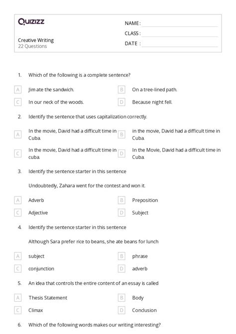 แผ่นงาน การเขียนเชิงสร้างสรรค์ มากกว่า 50 แผ่นในราคา ชั้นประถมศึกษาปีที่ 5 ใน Quizizz ฟรีและ