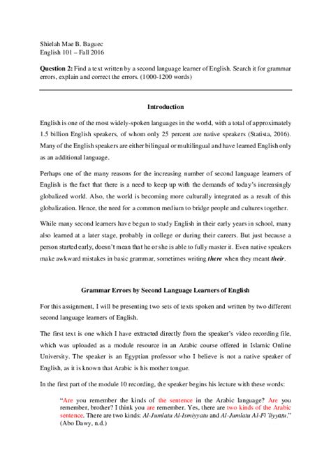 Pdf Grammar Errors By Second Language Learners Of English