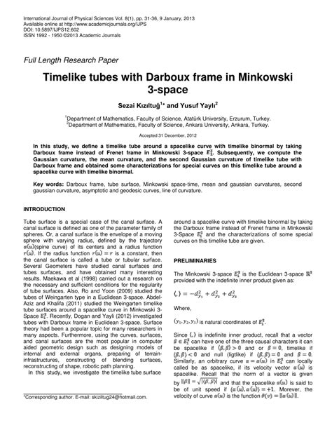 Pdf Timelike Tubes With Darboux Frame In Minkowski 3 Space
