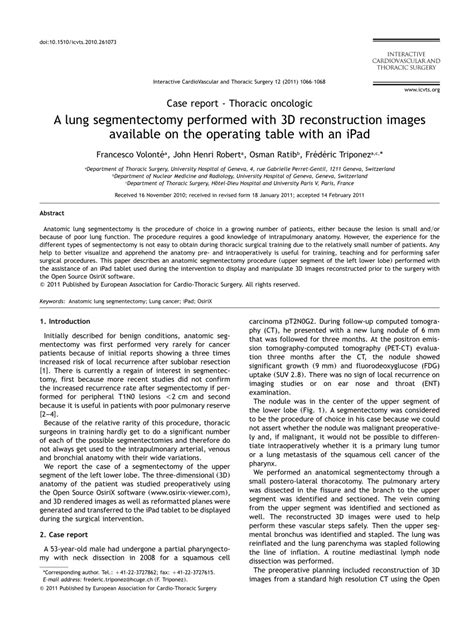 Pdf A Lung Segmentectomy Performed With 3d Reconstruction Images Available On The Operating