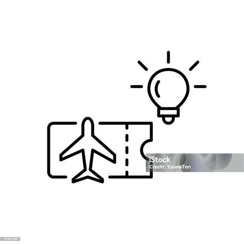 비행기 티켓과 전구 여행 목적지 아이디어 및 영감 완벽한 픽셀 편집 가능한 획 아이콘 개념에 대한 스톡 벡터 아트 및 기타 이미지 Istock