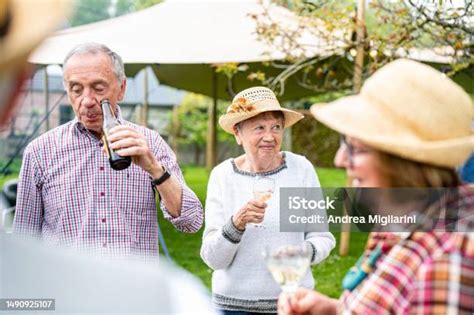 와인과 맥주를 마시며 점심을 준비하고 정원에서 야외 파티를 하는 여러 노인들 건강하고 행복한 노인들 노인에 대한 스톡 사진 및 기타 이미지 Istock