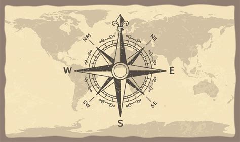 Antique Compass On World Map Vintage Geographic History Maps With