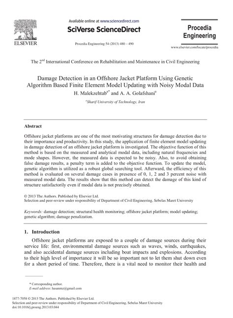 PDF Damage Detection In An Offshore Jacket Platform Using Genetic Algorithm Based Finite