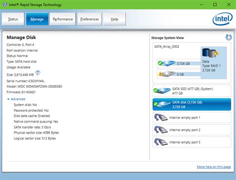 raid 1 degraded due to failed disk but rst won t allow rebuild to new