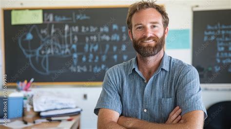 Happy Male Teacher With A Beard Standing With His Arms Crossed In Front