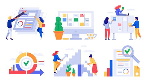 민첩 한 개발 스크럼 보드의 프린트 지시 간판 관리 팀 작업 및 비즈니스 민첩성 작업 전략 벡터 일러스트 레이 션 세트 애자일