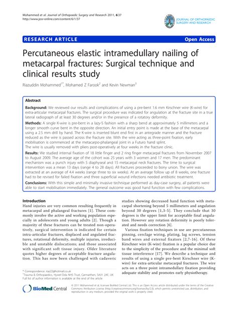 Pdf Percutaneous Elastic Intramedullary Nailing Of Metacarpal