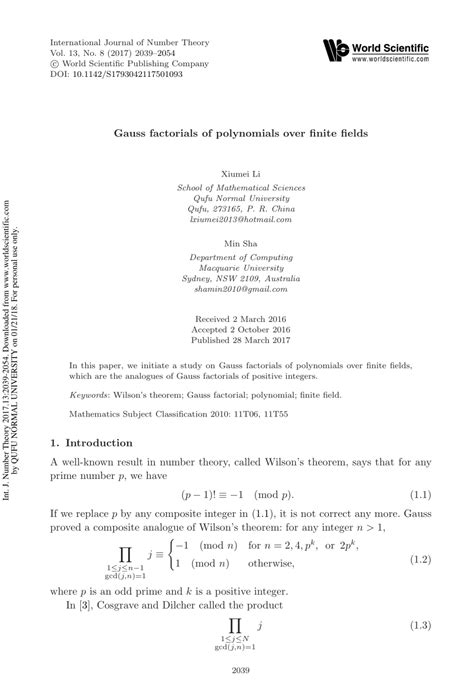 Pdf Gauss Factorials Of Polynomials Over Finite Fields