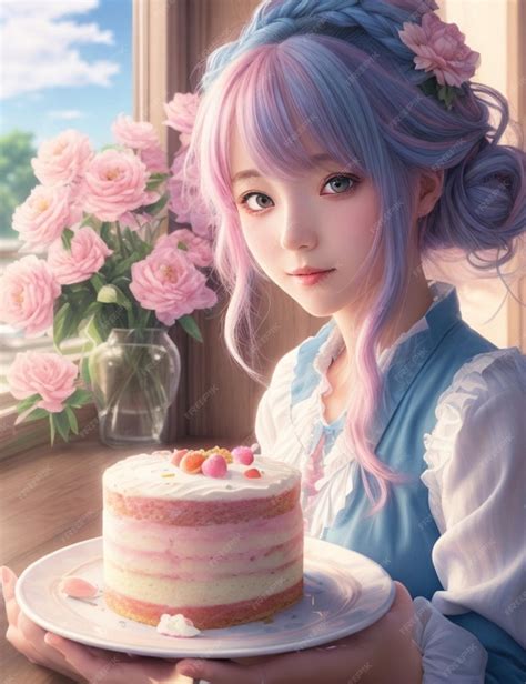 Beautiful Young Woman In Anime Style Eats Cake Premium Ai Generated Image
