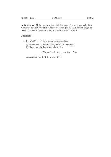 5 Questions In Exam 2 Linear Algebra Math 335 Docsity