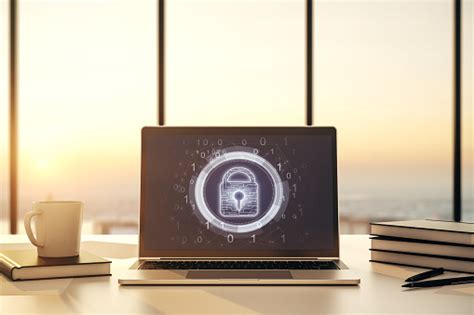 창의적인 라이트 락 일러스트레이션과 마이크로회로 사이버 보안 개념이 있는 컴퓨터 모니터 3d 렌더링 노트북에 대한 스톡 사진 및 기타 이미지 Istock