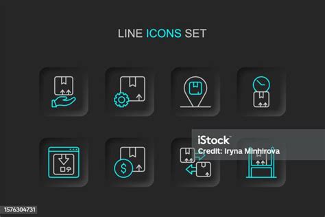 상자 골판지 교통 기호 판지 판지 온라인 앱 배송 추적 시계 위치 기어 패키지 및 배송 손 아이콘으로 라인 창고 내부를 설정합니다 벡터 교통에 대한 스톡 벡터 아트 및 기타