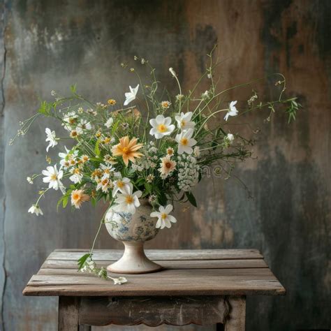 Rustic Flower Arrangement In A Vintage Vase On Wooden Table Still Life