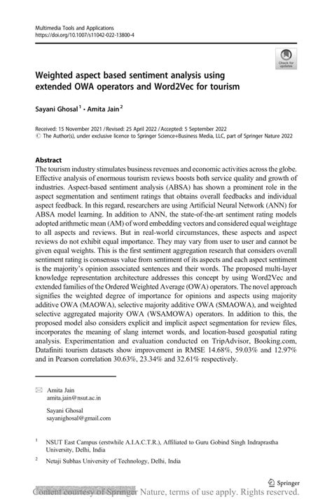 Weighted Aspect Based Sentiment Analysis Using Extended Owa Operators And Word2vec For Tourism