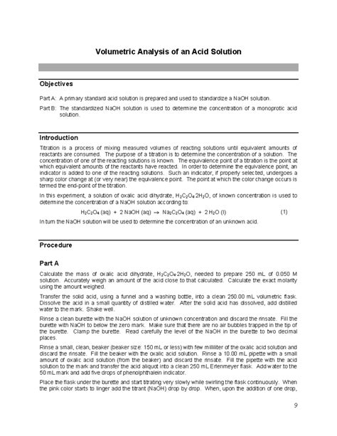 Volumetric Analysis Of An Acid Solution Volumetric Analysis Of An Acid Solution Objectives