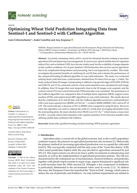 Pdf Optimizing Wheat Yield Prediction Integrating Data From Sentinel