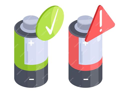 흰색 배경에 녹색 및 빨간색 표시기가 있는 아이소메트릭 충전 및 죽은 알카라인 배터리 3d 축전지 전원 전기 요소 벡터 그림 프리미엄 벡터
