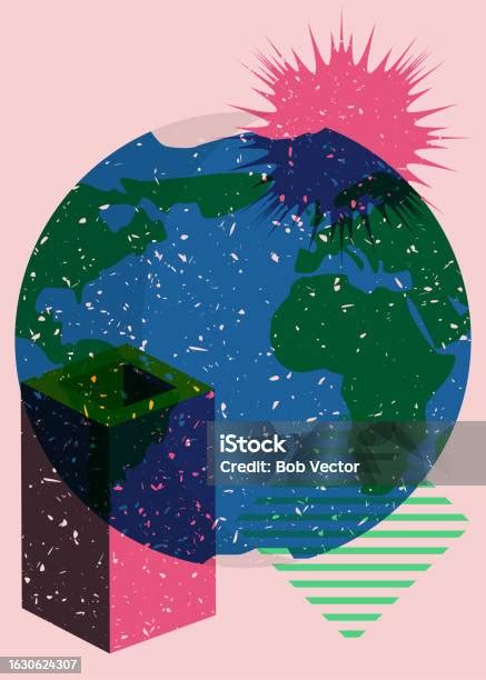 다채로운 기하학적 모양을 가진 행성 지구 트렌디한 리소 그래프 디자인의 오브제 기하학 요소 추상 리소그래프 인쇄 질감 스타일 국제 금융에 대한 스톡 벡터 아트 및 기타