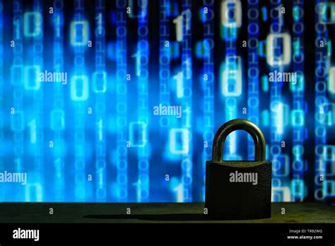 Closed Padlock In Front Of Blue Floating Binary Code Background Cyber