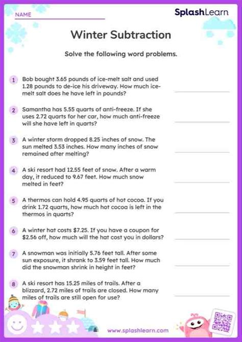 Subtract Decimal Numbers With 2 Decimal Place Winter Word Problems Worksheet