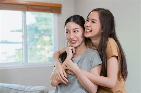 Happy Asian Girl Couple Cheerful Homosexual Couple Hugging Each Other