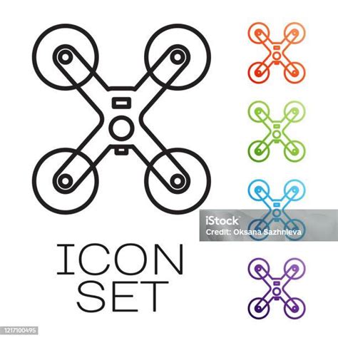 흰색 배경에 격리 된 검은 선 무인 항공기 비행 아이콘입니다 비디오 및 사진 카메라 기호쿼드로 콥터 다채로운 아이콘을 설정합니다 벡터 일러스트레이션 0명에 대한 스톡 벡터