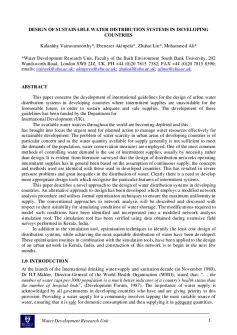 Pdf Design Of Sustainable Water Distribution Systems In Developing Countries
