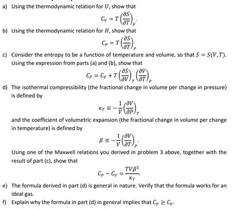 Solved A Using The Thermodynamic Relation For U Show That