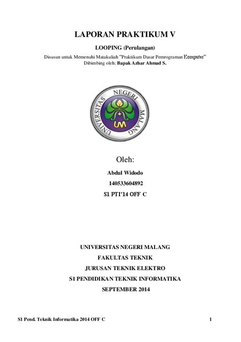 Laporan Dasar Pemrograman Komputer 5 Looping Perulangan Universitas Negeri Malang