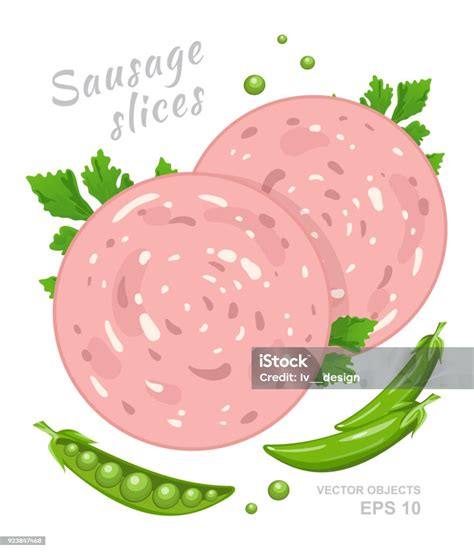 신선한 파 슬 리와 흰색 배경에 고립 된 녹색 완두콩 삶은 소시지 조각 고기 조제 제품입니다 벡터 만화 스타일에 미식 그림 모타델라에 대한 스톡 벡터 아트 및 기타 이미지