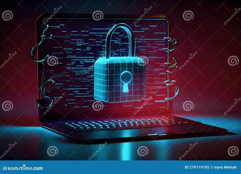 Computer On A Dark Black Background With Neon Lights And Lock As A Concept Of Cyber Security And