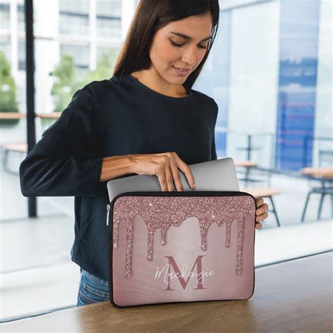 Girly Rose Gold Sparkle Glitter Drips Monogram Laptop Sleeve Zazzle