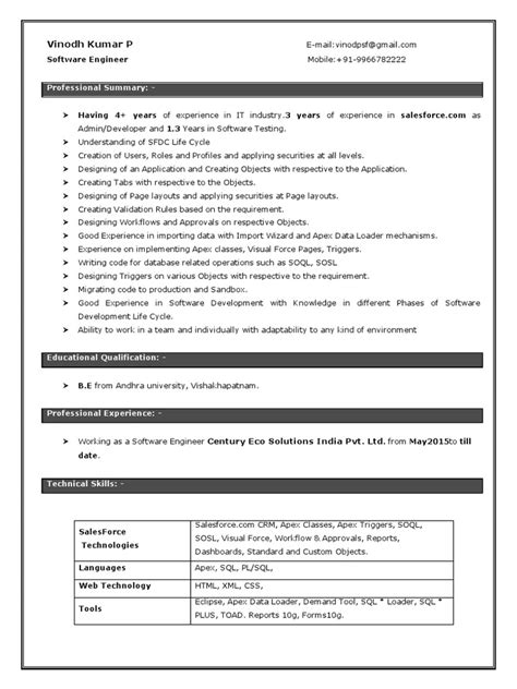 P Vinodh Kumar Sfdc Resume Pdf Salesforcecom Information